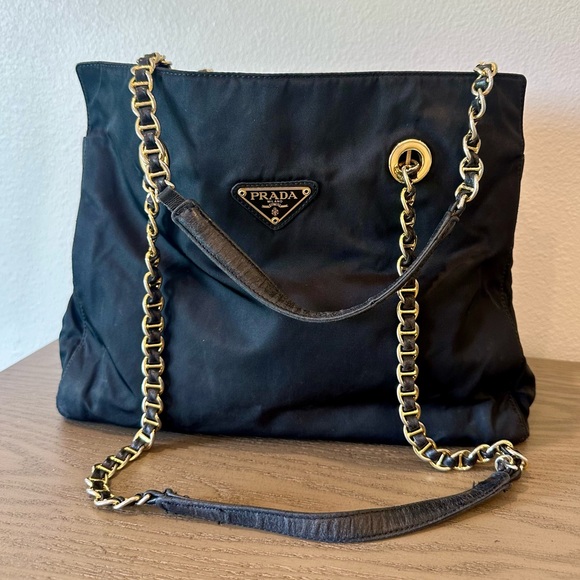 Prada | Bags | Prada Tessuto Nylon Chain Shoulder Bag Black Gold | Poshmark